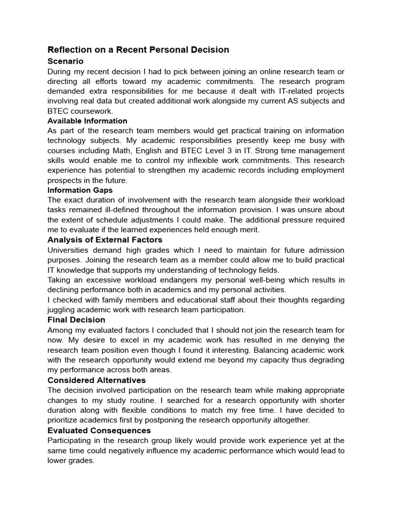 Reflection On A Recent Personal Decision | PDF | Cognition | Learning