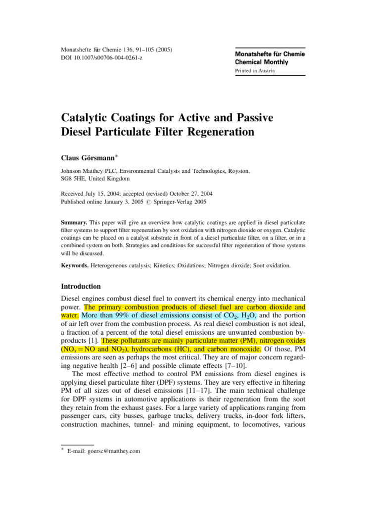Catalytic Coatings for Active and Passive Diesel Particulate Filter ...