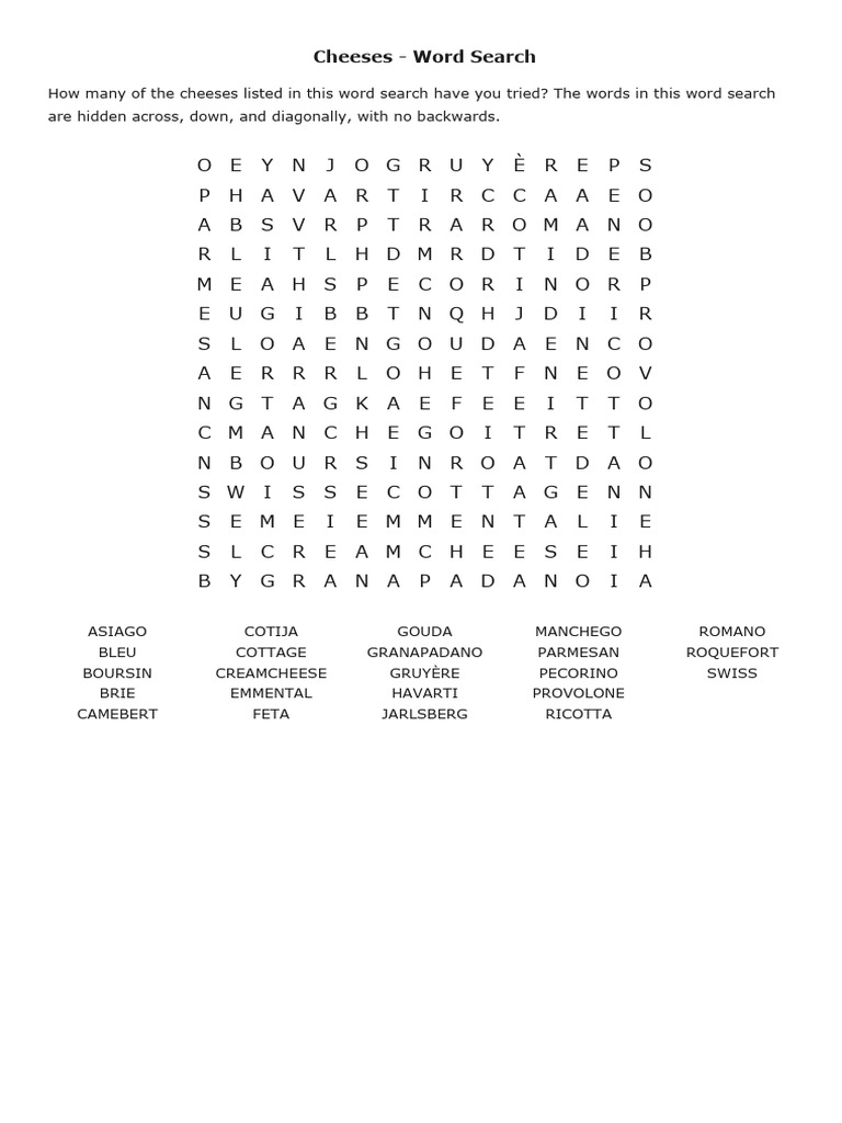 Cheese Word Search Puzzle | PDF | Cheese | Dairy