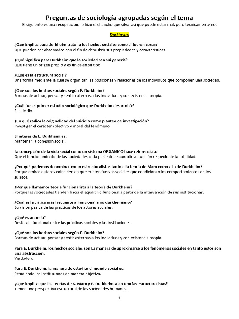 Preguntas de Sociología Agrupadas Según El Tema | PDF | Emile Durkheim | Estratificación social