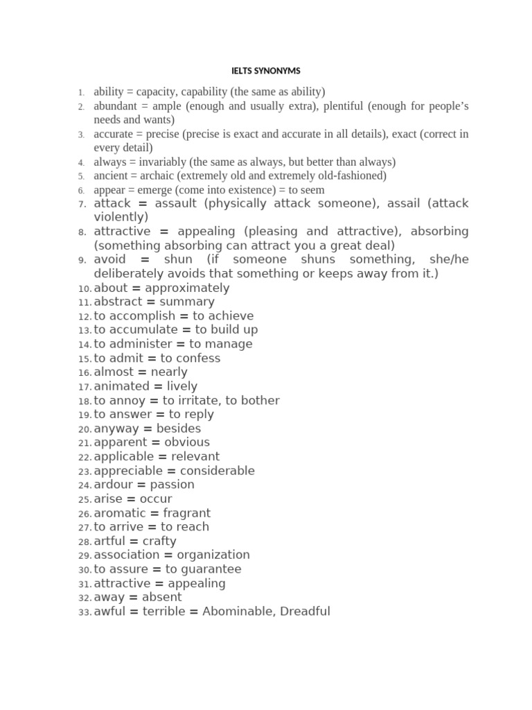 IELTS SYNONYMS List A | PDF