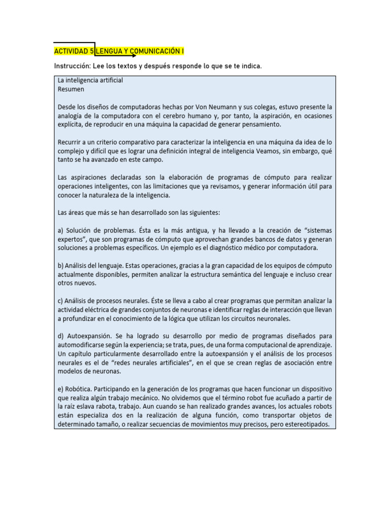 Actividad 5 Lengua y Comunicación I 1°parcial 2025 | PDF | Inteligencia ...