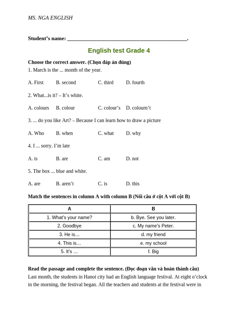 Grade 4 English Test Questions | PDF