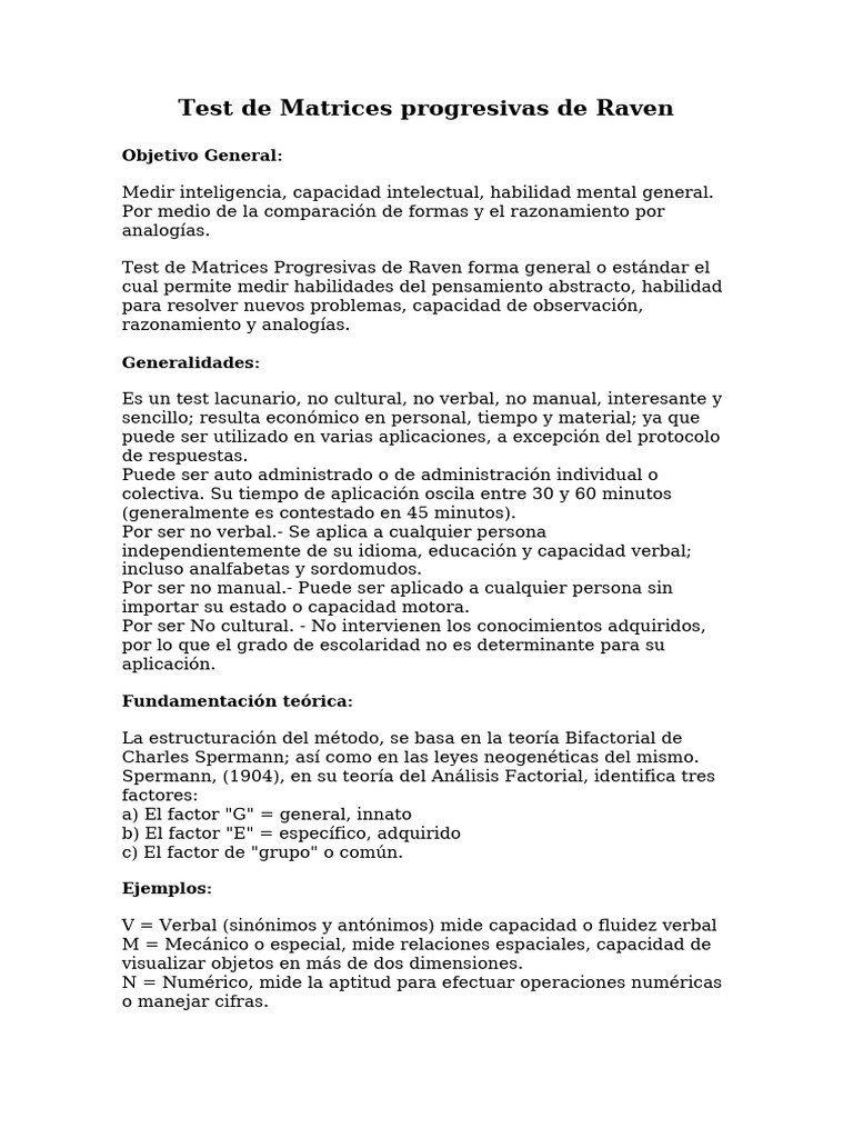 Test J C Raven Matrices Progresivas | PDF | Inteligencia | Cognición