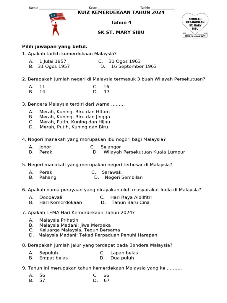 KUIZ KEMERDEKAAN Tahun 4 2024 | PDF