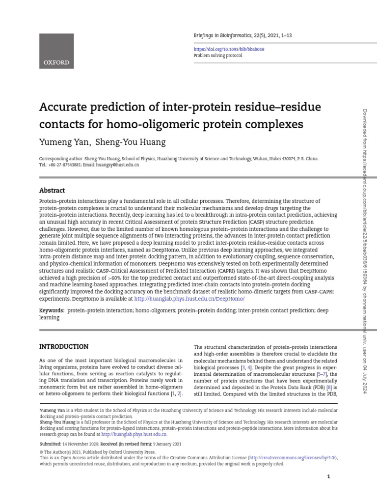 Accurate Prediction of Inter-protein Residue–Residue Contacts for Homo-oligomeric Protein ...
