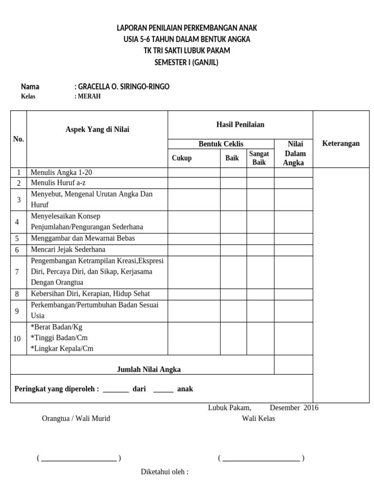 Laporan Penilaian Perkembangan Anak 5-6 Tahun | PDF