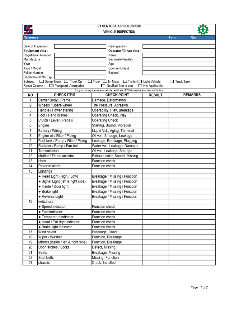 Vehicle Inspection Form Template | PDF | Truck | Manufactured Goods