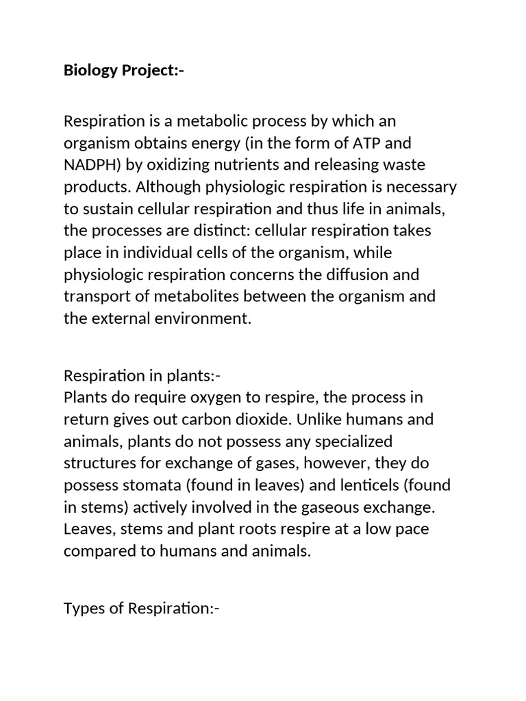 Biology Project Pdf Cellular Respiration Stoma