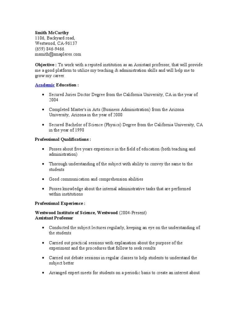 Assistant Professor Resume Academic Degree Professor