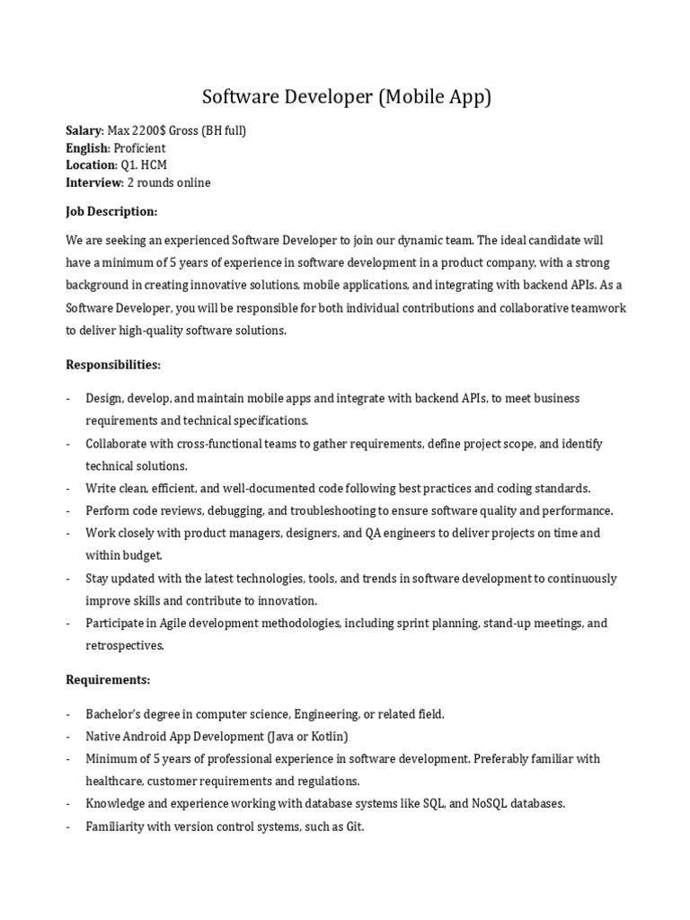 Software Developer (Mobile App) | PDF | Software Development | Software