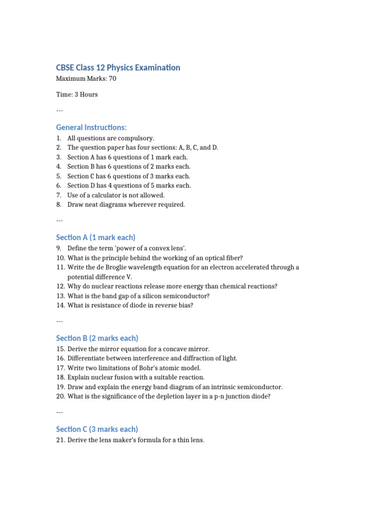 CBSE Class 12 Physics Exam Guide | PDF | Diffraction | Wavelength