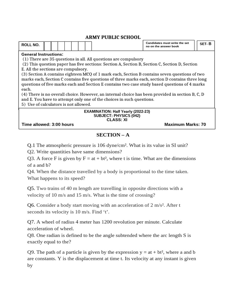 Class Xi Physics Half Yearly Exam Paper Pdf Force Momentum
