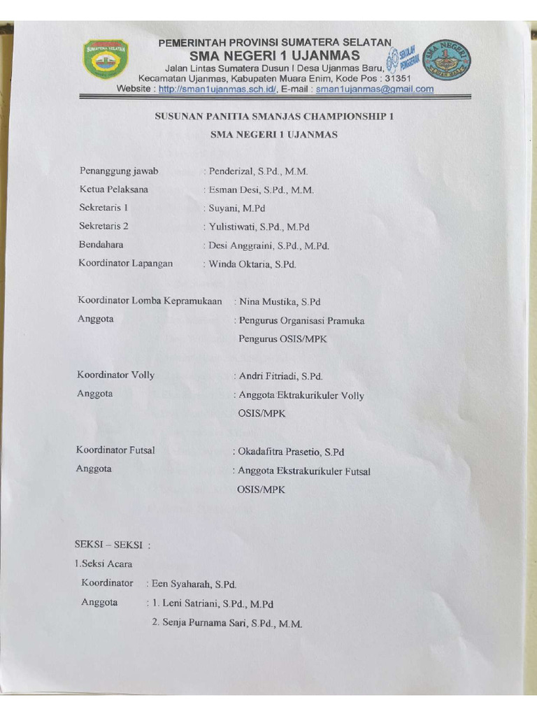 Susunan Panitia Smanjas Championship | PDF