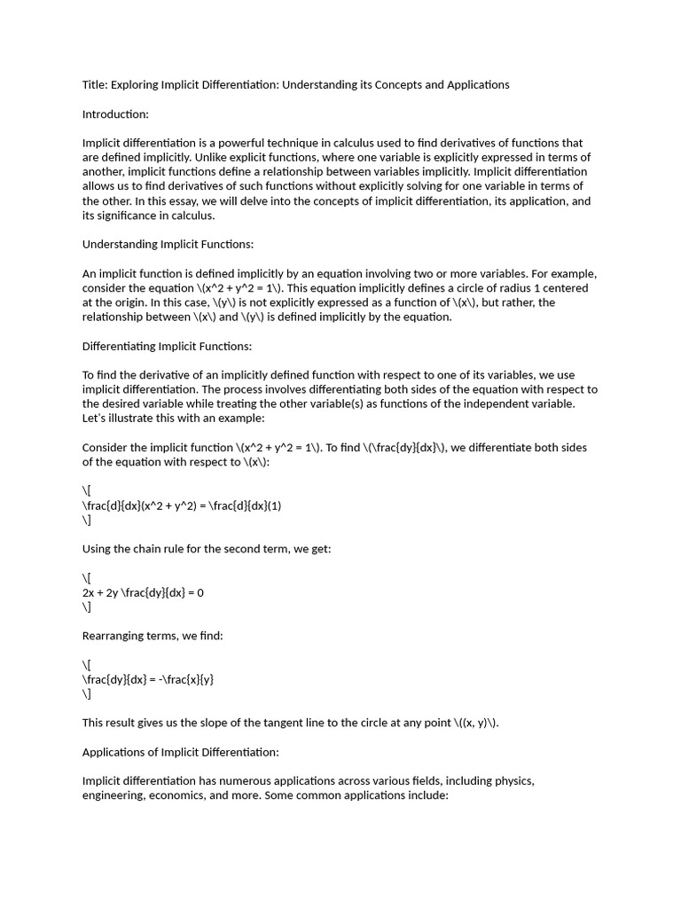 Implicit Differentiation | PDF | Derivative | Equations