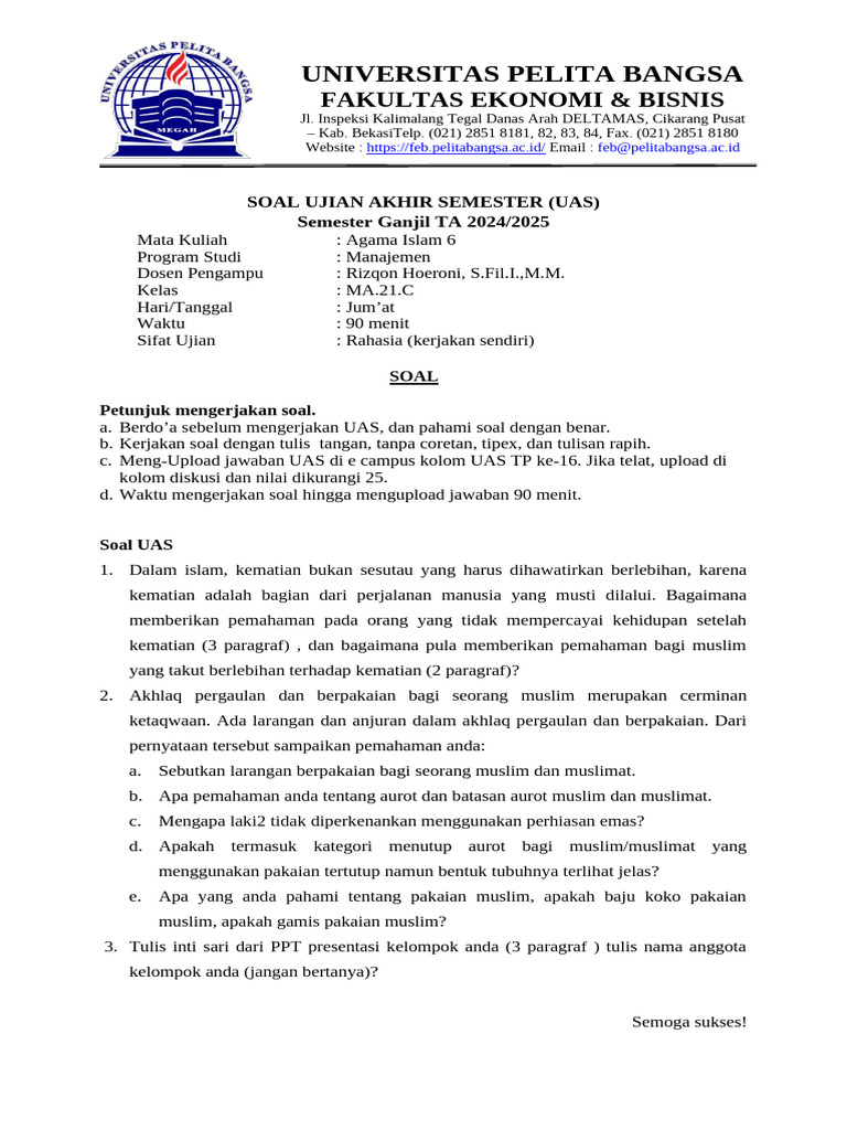 Soal UAS Mk. Agama 6 Gasal 2024-2025 | PDF