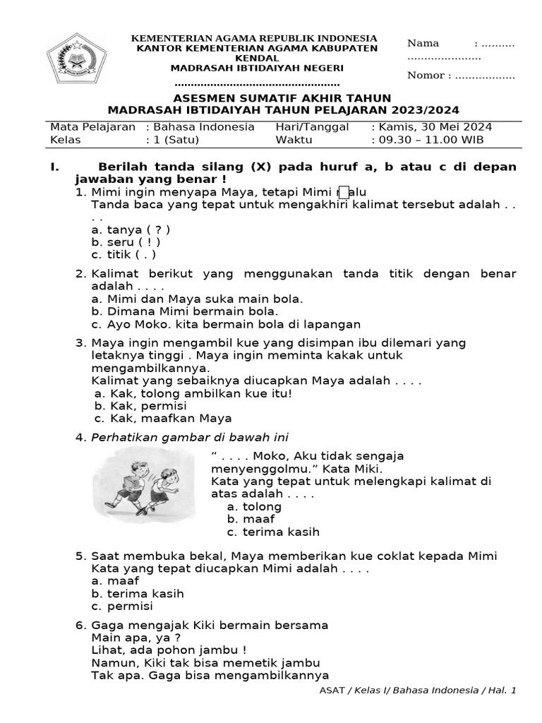 Soal Asat Bahasa Indonesia Kelas 1 | PDF