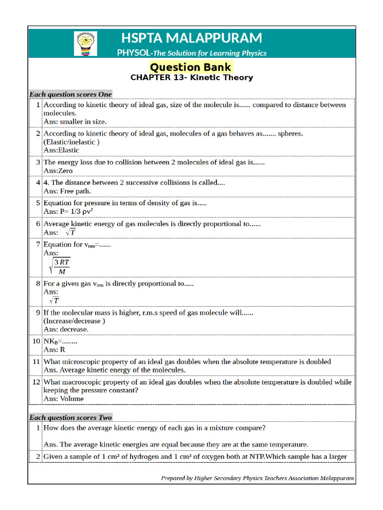HSPTA Malappuram Physics Question Bank CH 13 - Kinetic Theory | PDF | Gases | Temperature