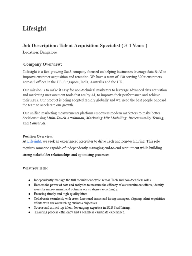 Lifesight-TA Specialist (3-4 Years) | PDF | Recruitment | Marketing