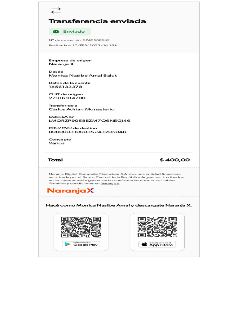Comprobante de Transferencia Naranja X | PDF