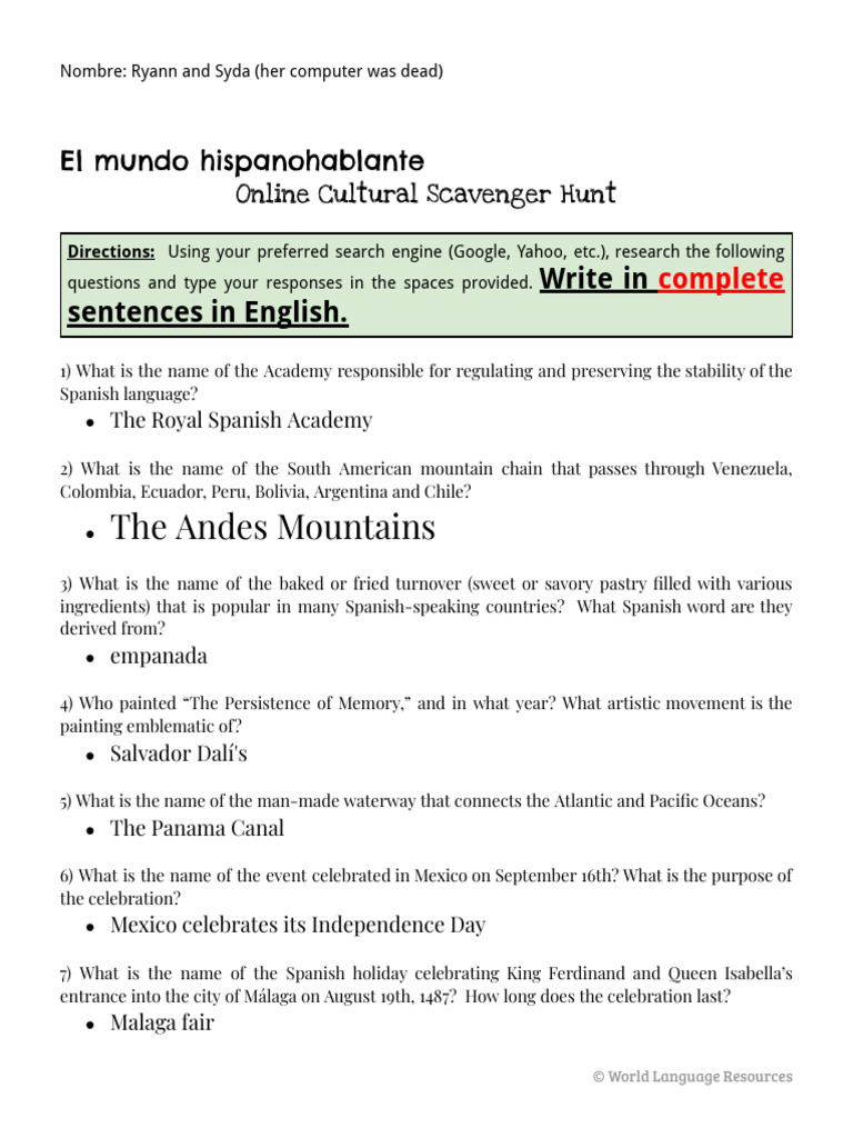 El Mundo Hispanohablante - Online Cultural Scavenger Hunt | PDF ...