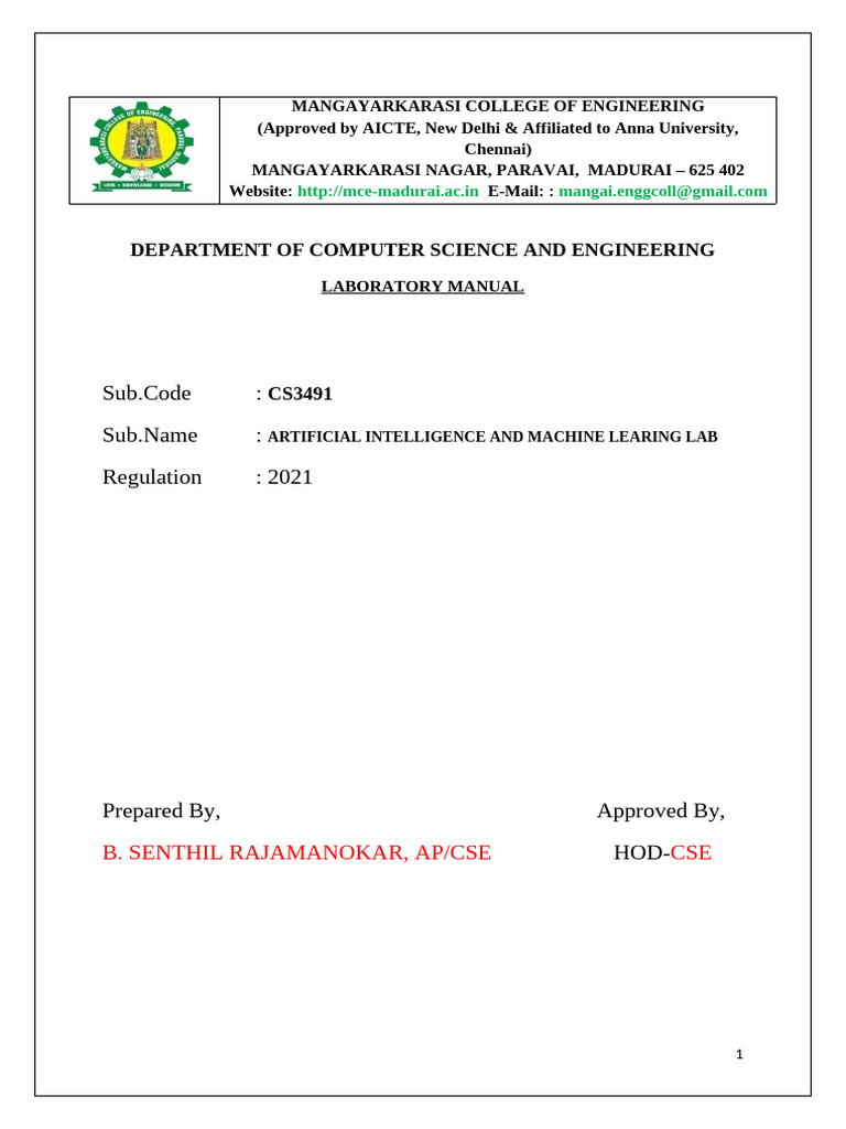CS3491 AI and ML Lab Manual | PDF | Coefficient Of Determination | Algorithms