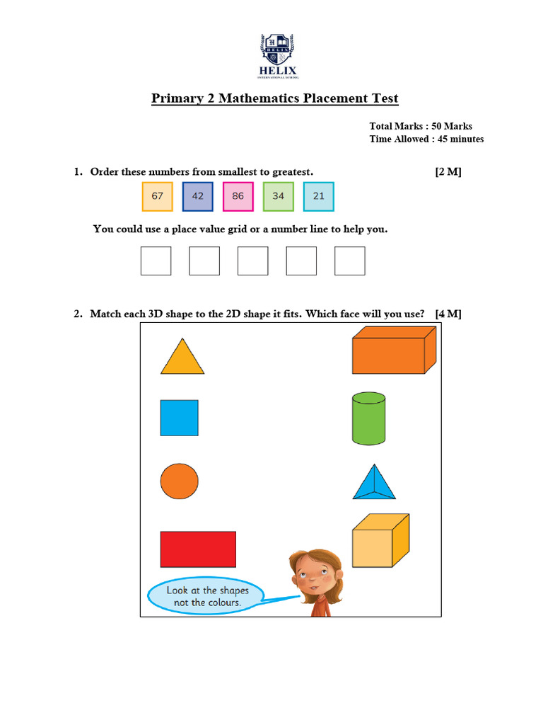 Placement Test For Primary 2 Maths (New) | PDF