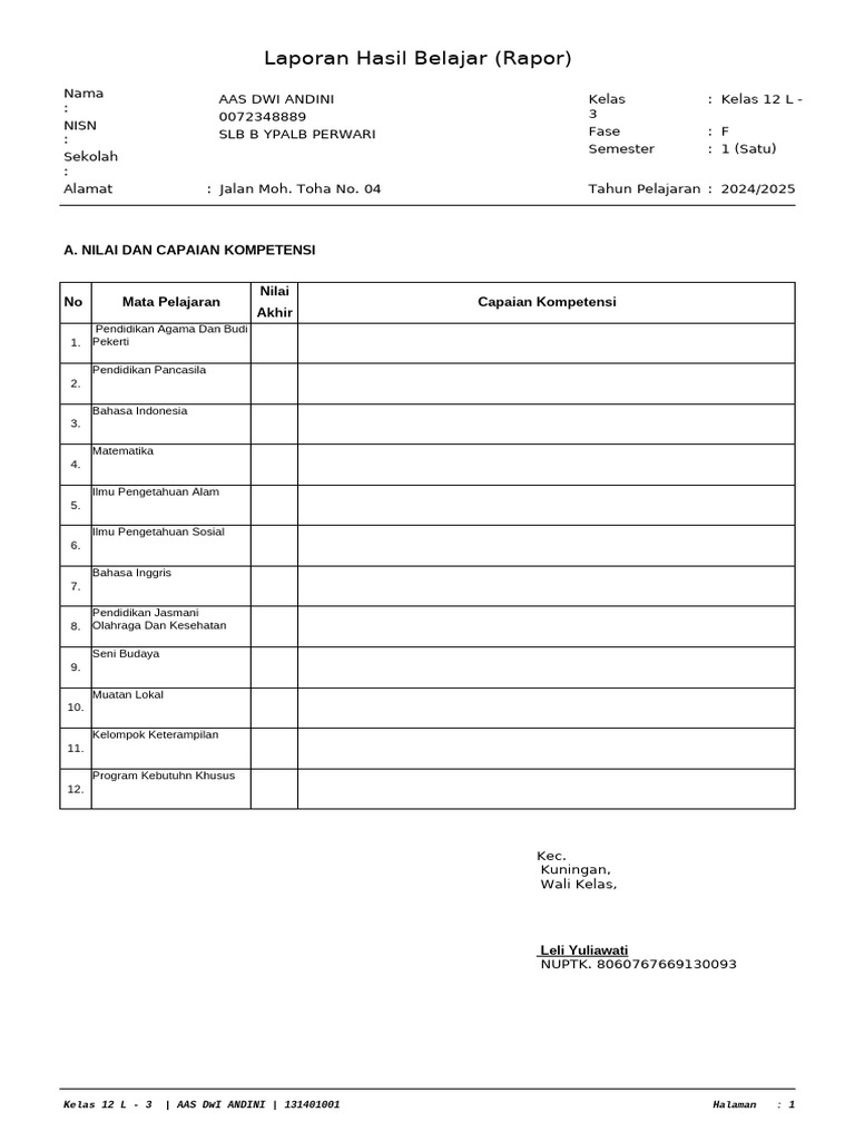 Rapor_AAS DWI ANDINI_20241 | PDF