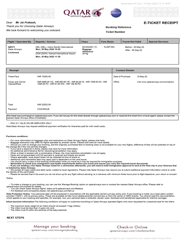 Qatar Airways E-Ticket Receipt | PDF | Payments