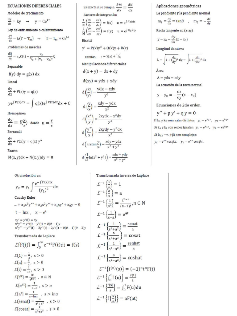 FORMULARIO Ecuaciones Diferenciales | PDF