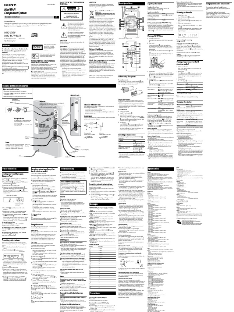 Mini Hi-Fi Component System: MHC-GX99 MHC-EC77/EC55 | PDF | Compact Disc | Sound Recording And ...