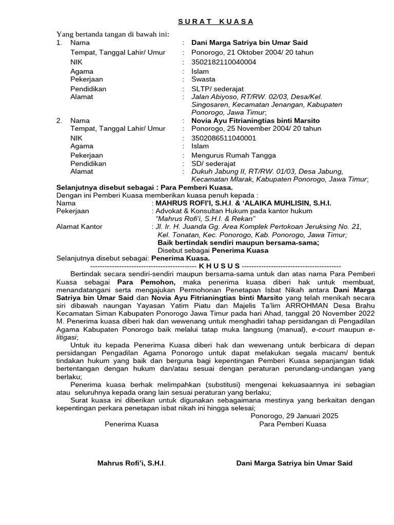SURAT KUASA Isbat Nikah Novia & Dami | PDF