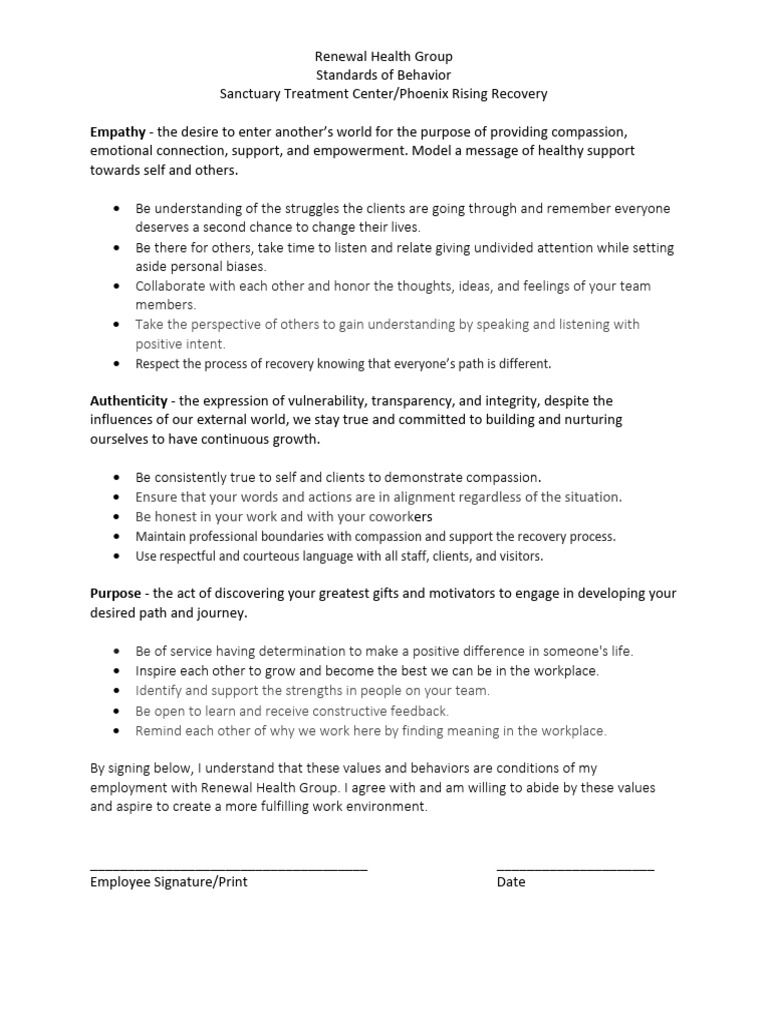 Standards of Behavior at Renewal Health Group | PDF