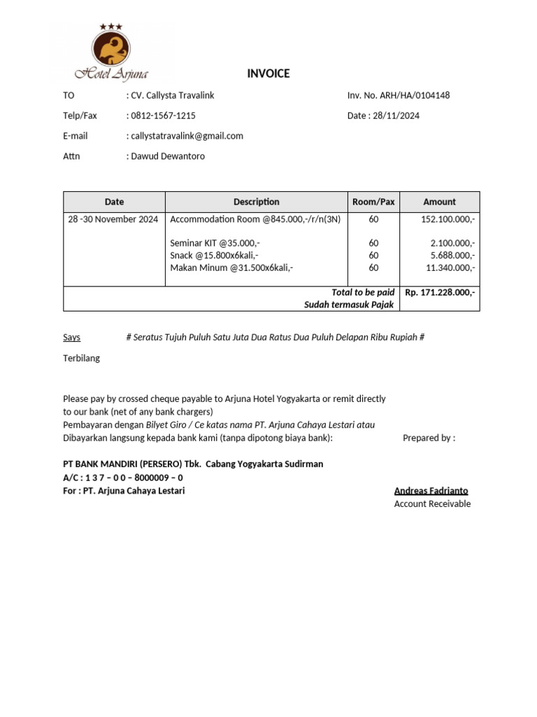 Invoice Hotel, Mamin, Snack, Seminar Kit | PDF