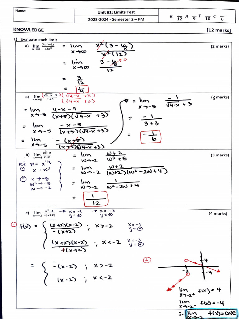 Unit 1 - Limits Test SOLUTIONS_removed (1) | PDF