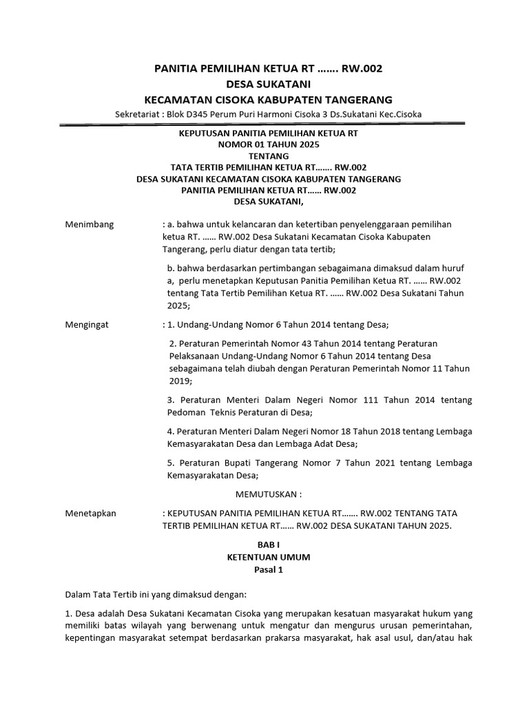 SK Panitia Pemilihan Ketua RT No.001 Tahun 2025 | PDF
