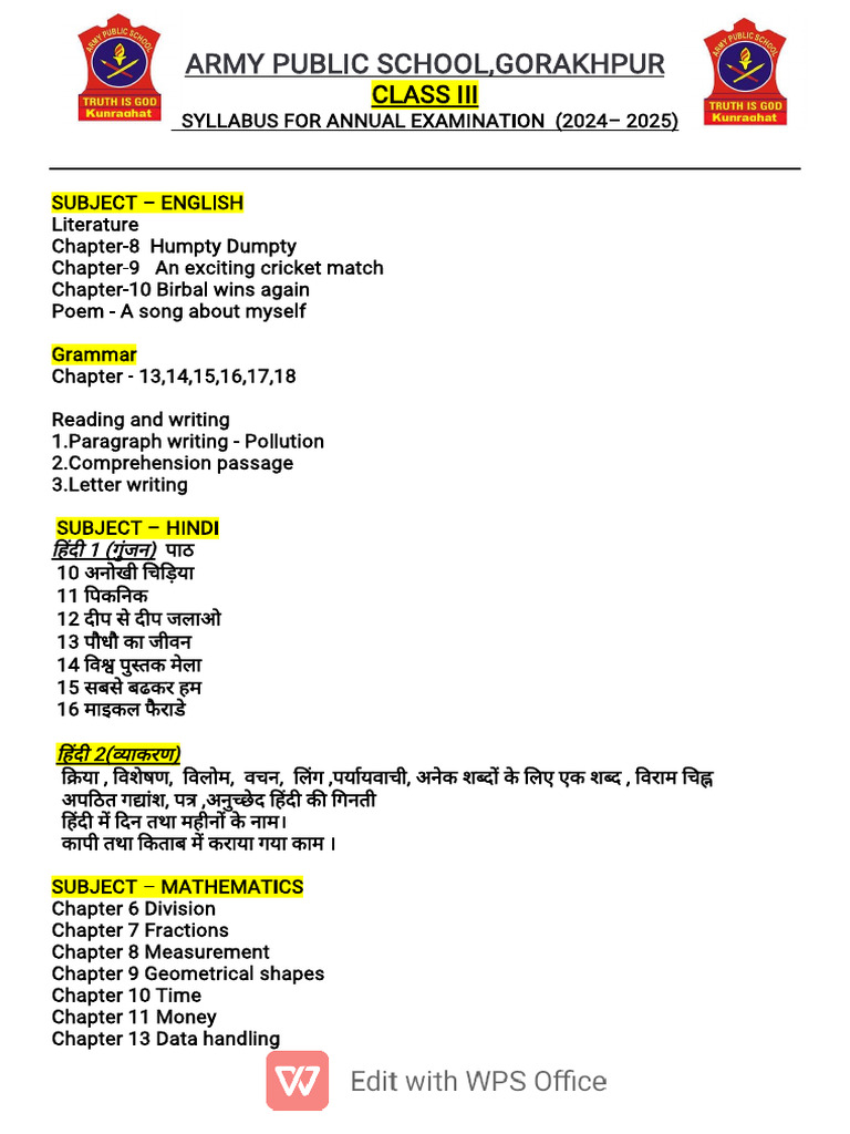 Syllabus For Annual Examination Class III | PDF