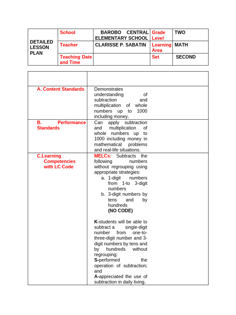 Grade 2 Math Lesson Plan: Subtraction | PDF | Subtraction | Numbers