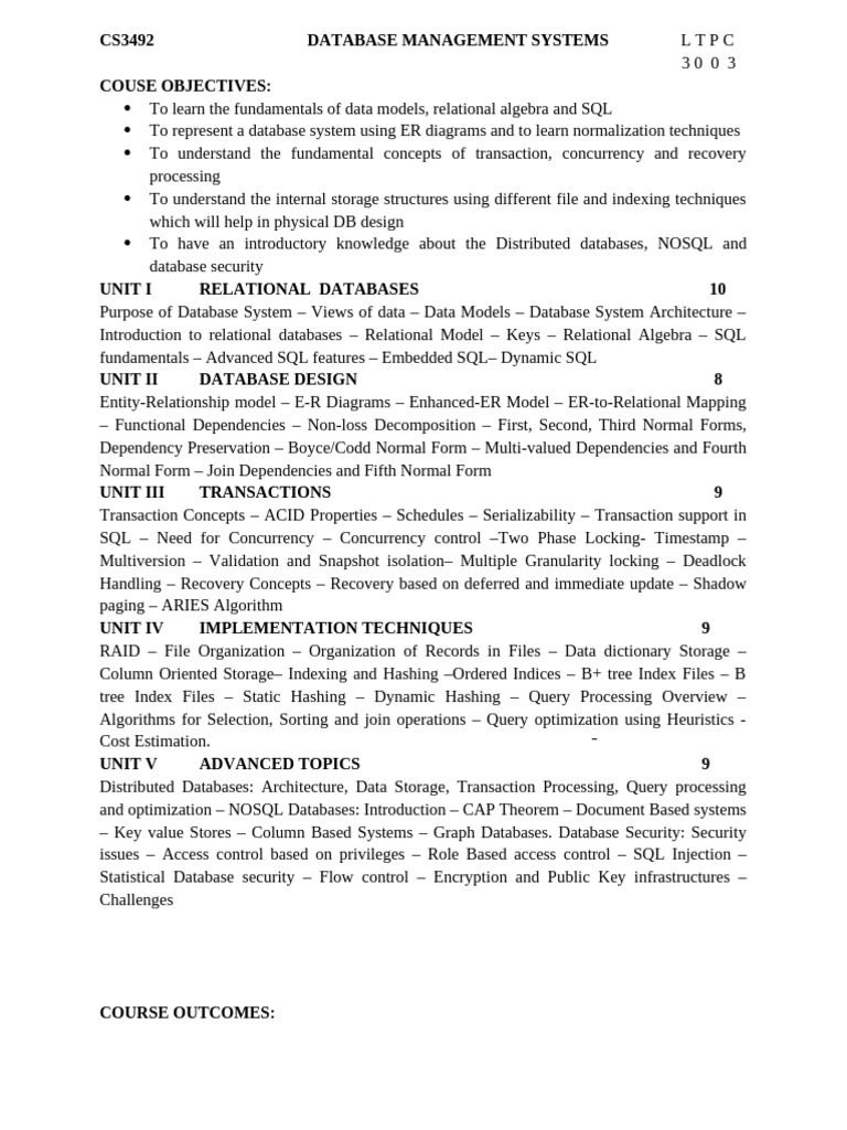 Syllabus DATABASE MANAGEMENT SYSTEMS | PDF | Databases | Relational Database