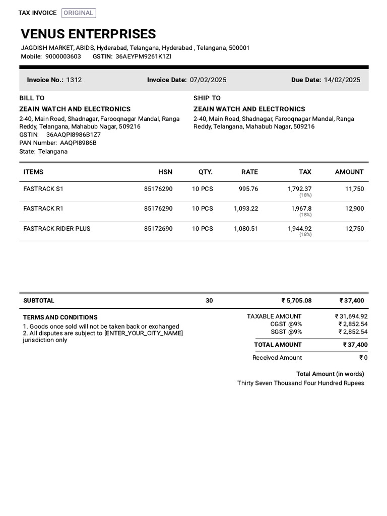 Zeain Watch and Electronics Sales Invoice 1312 | PDF