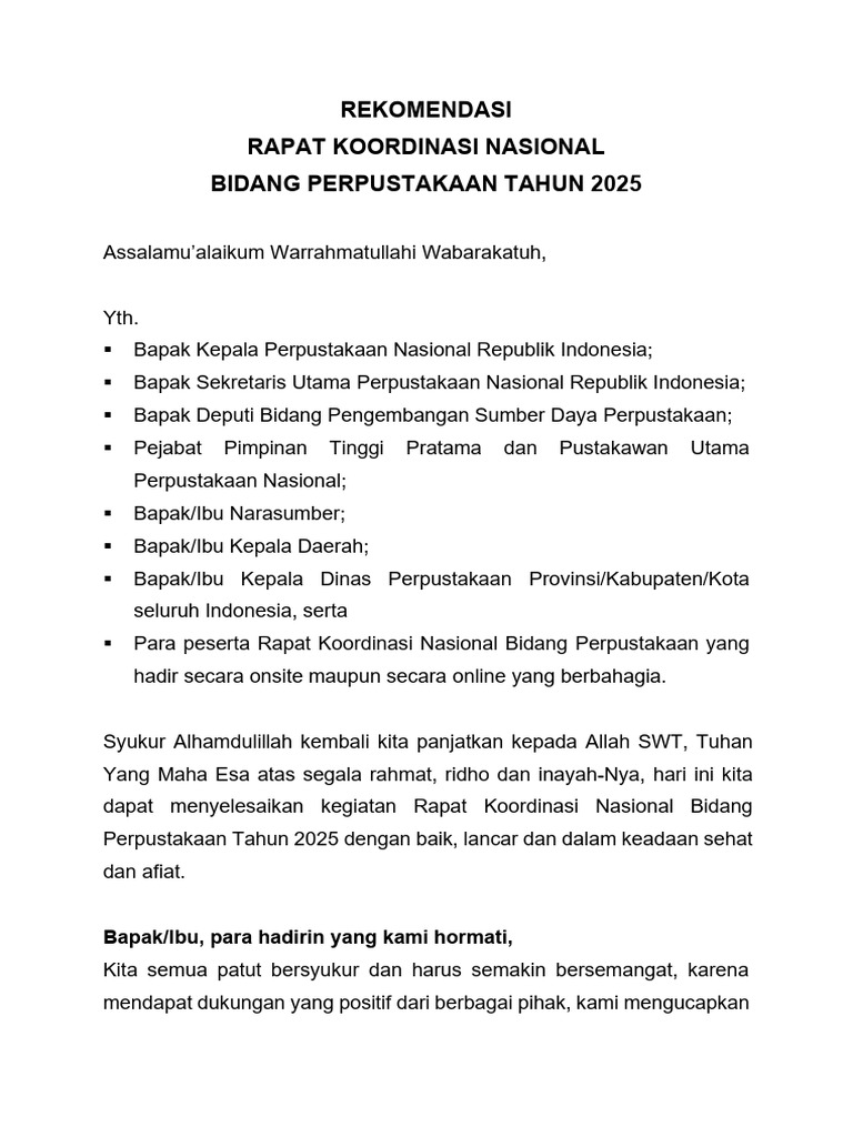 Rekomendasi Rakornas Bidang Perpustakaan 2025 | PDF