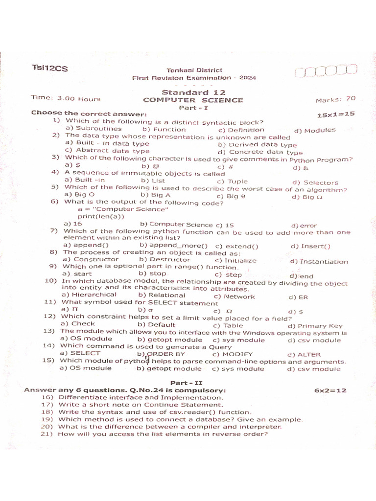 12th Computer Science EM First Revision Exam 2024 Question Paper With ...