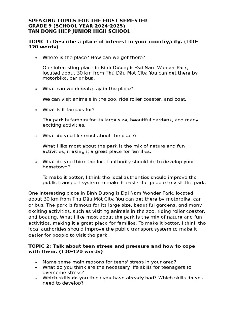 Grade 9 Speaking Topics 2024-2025 | PDF | Adolescence | Stress (Biology)