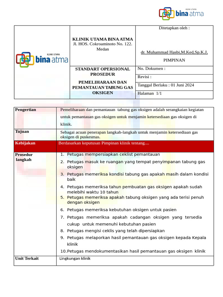 Sop Pemeliharaan Dan Pemantauan Tabung Gas Oksigen | PDF
