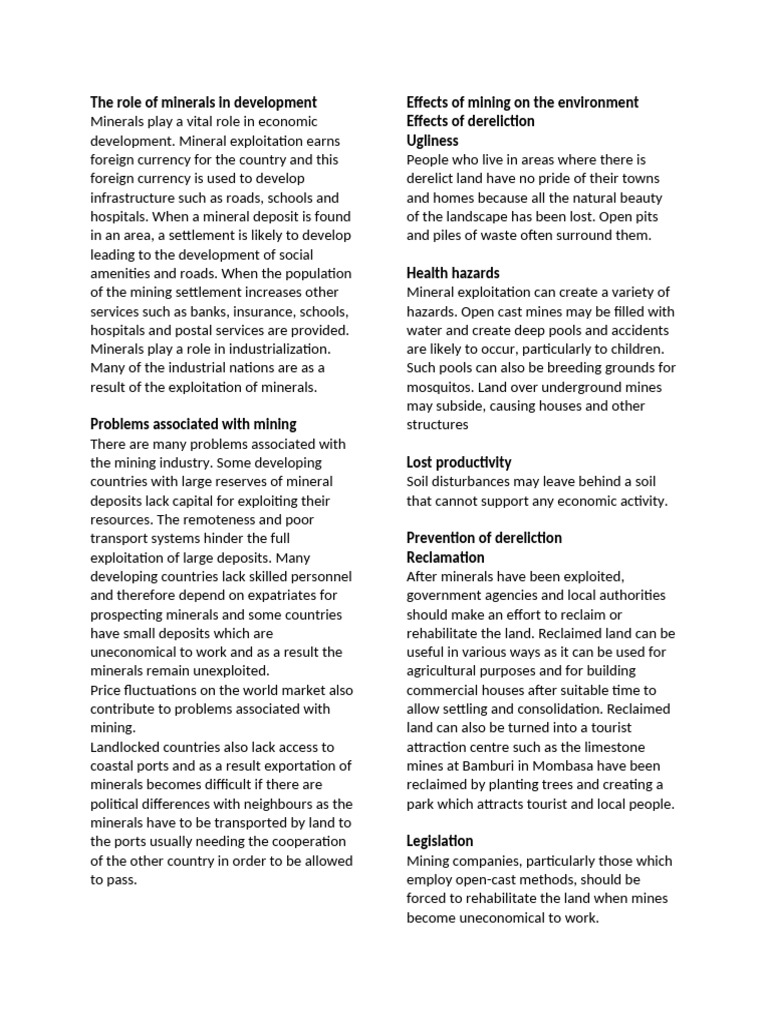 The Role of Minerals in Development (Year 8) | PDF | Mining | Natural Environment