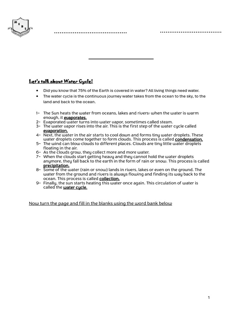 Topic 3 Activity Sheet 2 Water Cycle | PDF