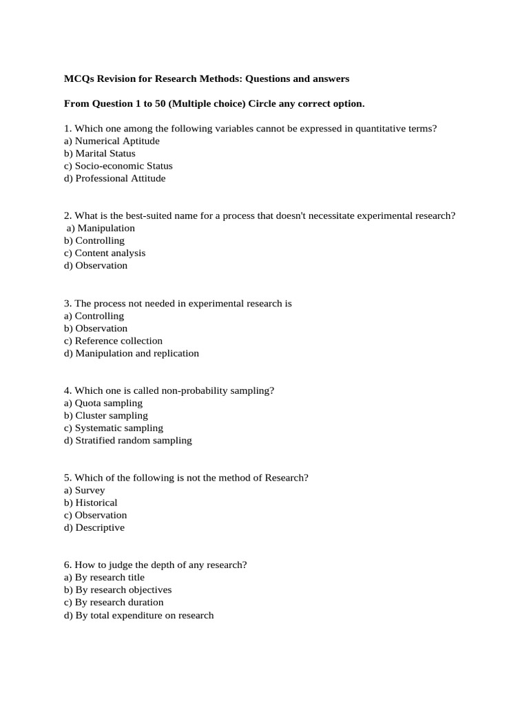Research Methods MCQs: 1-50 Answers | PDF | Sampling (Statistics ...