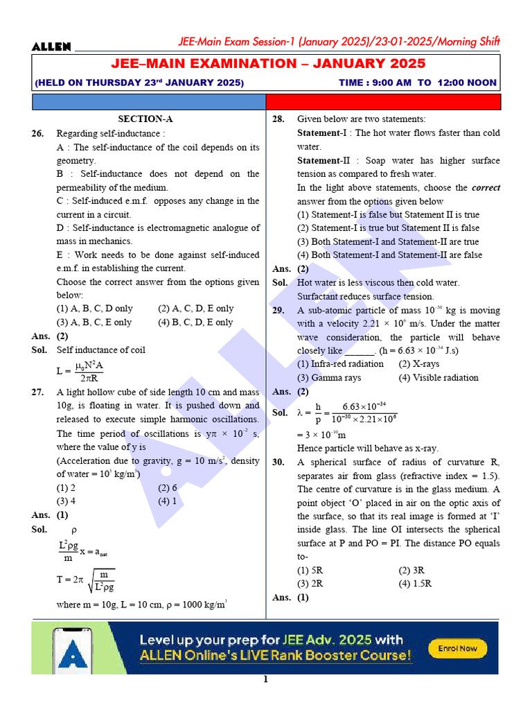 2301-Physics Paper+With+Sol Morning | PDF | Inductance | Radioactive Decay