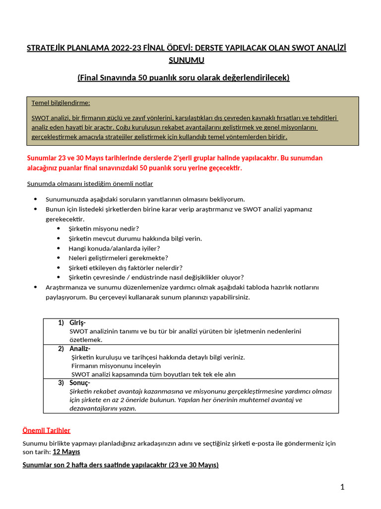 SWOT Analizi Ödev Detayları | PDF