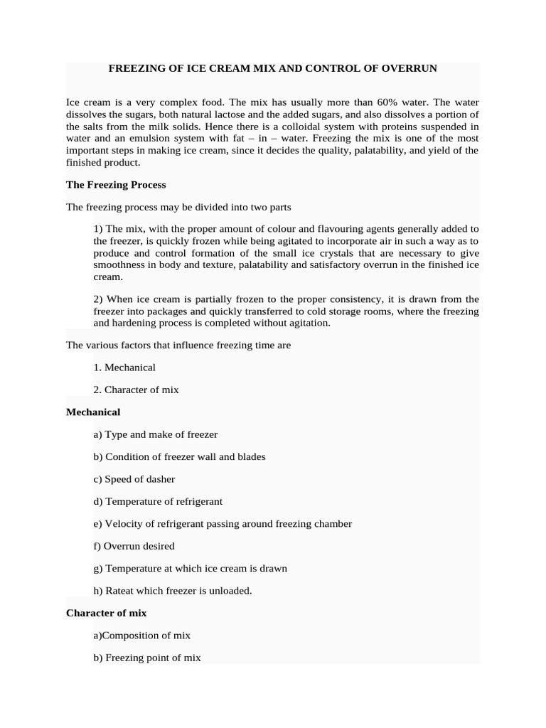 Ice Cream Freezing Process & Overrun Control | PDF | Pump | Freezing